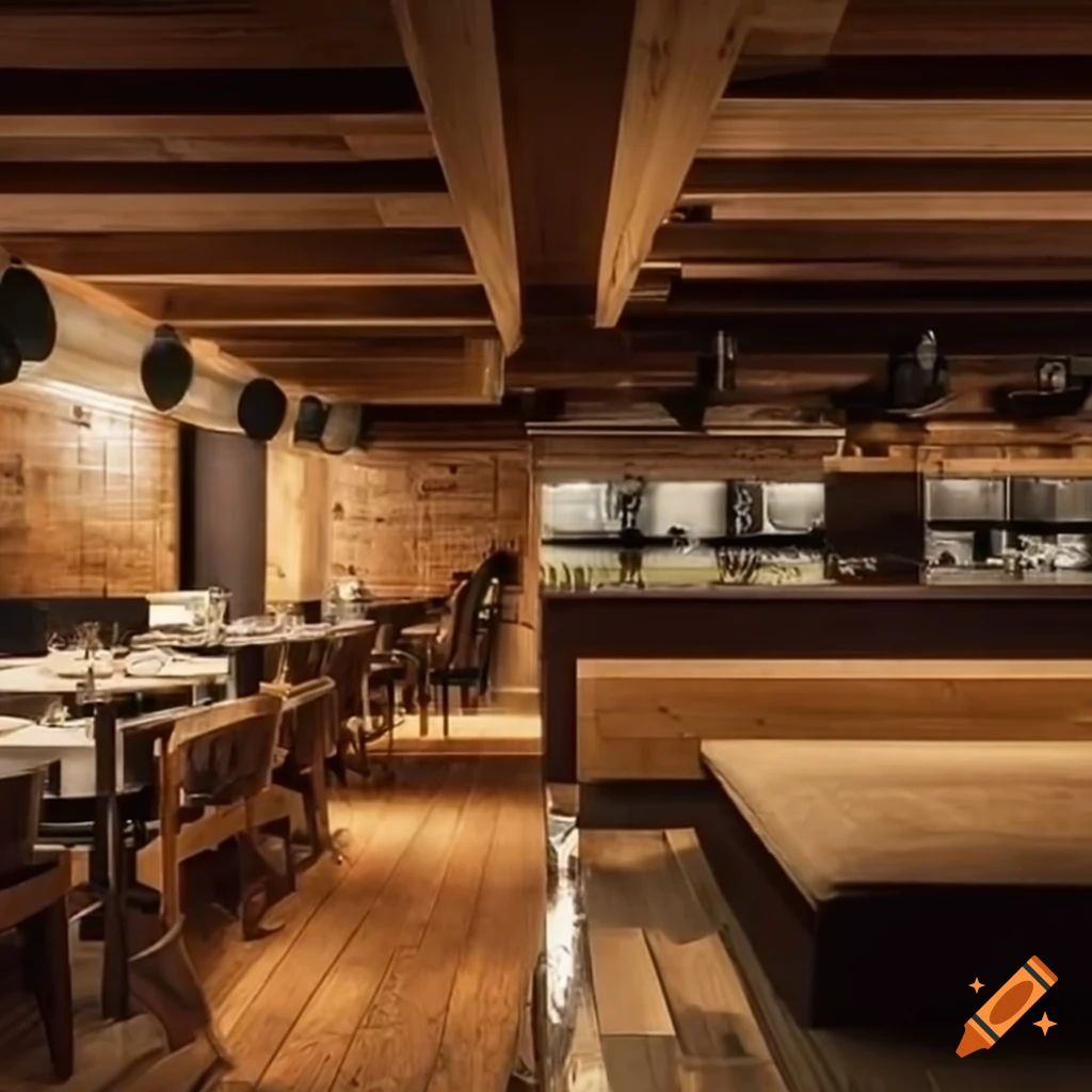 Modern restaurant with open kitchen and warm woodwork interior on Craiyon