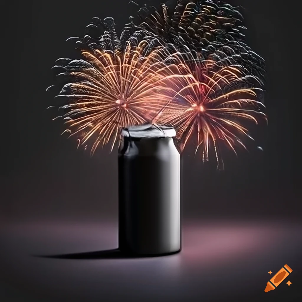 Black 12 oz can with fireworks in the background on Craiyon