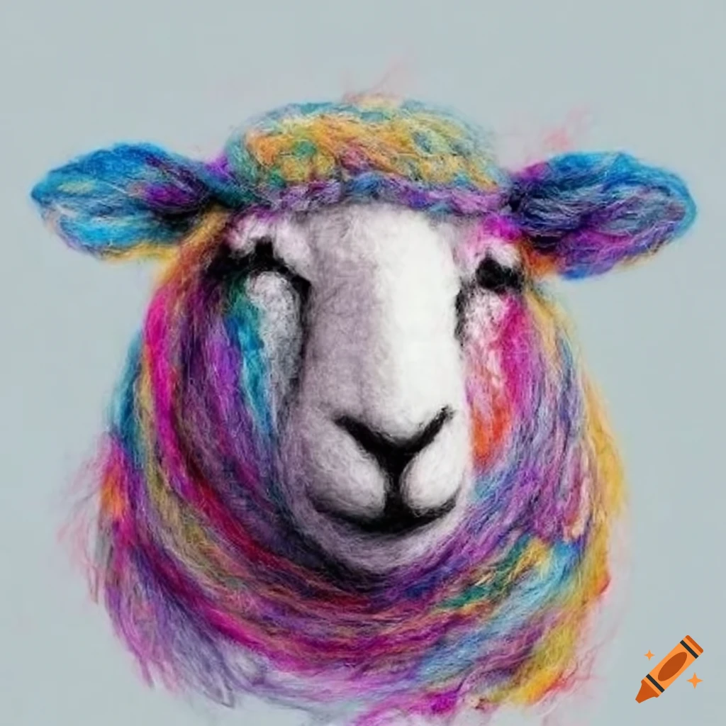 Colorful felted wool sheep with yarn stitching in watercolor on Craiyon