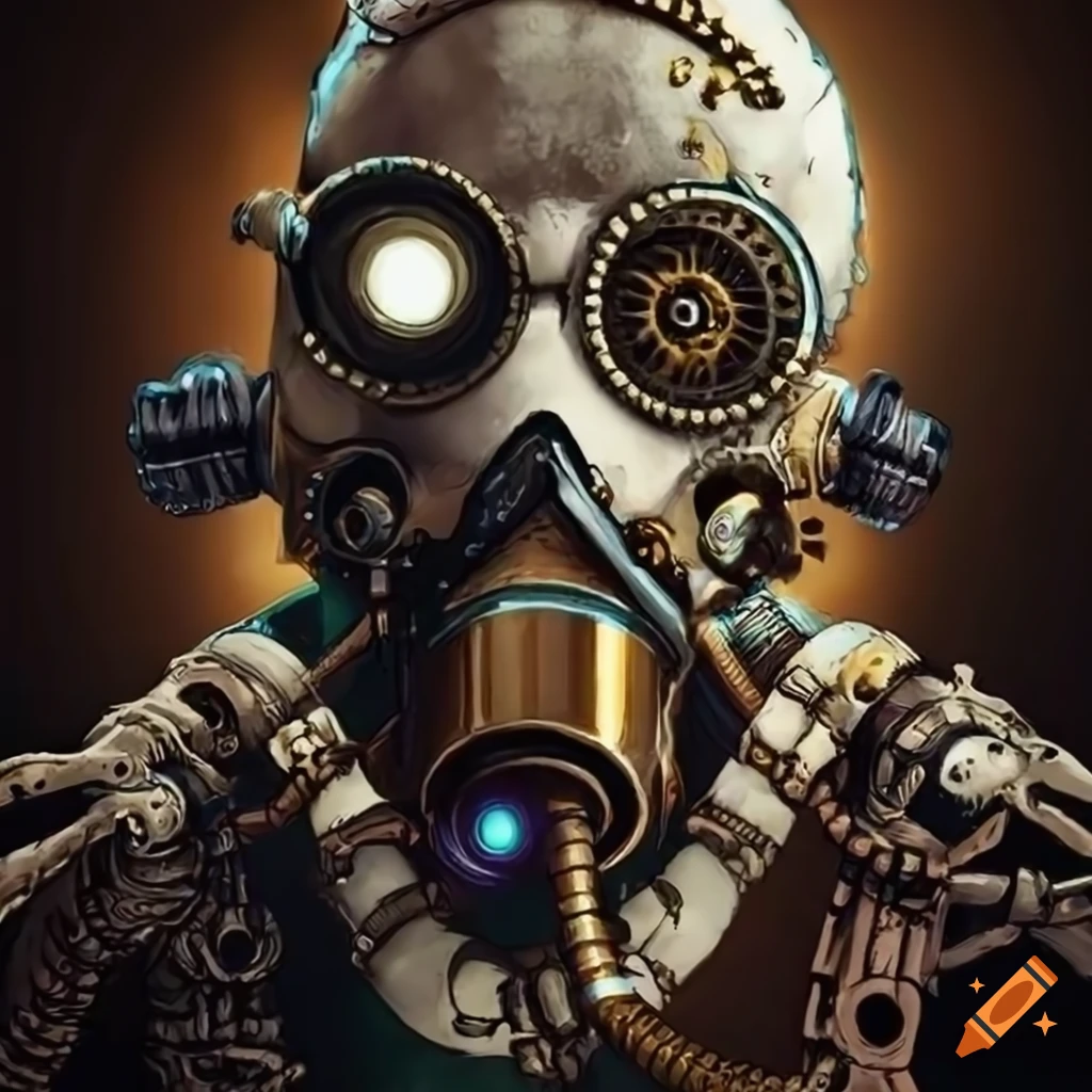 Steampunk cyborg skeleton with gas mask design on Craiyon