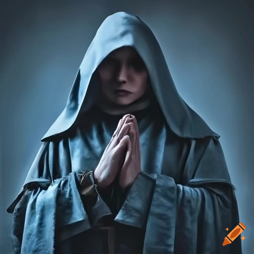 Monk in robes with a kind face in a gothic victorian style with blue ...