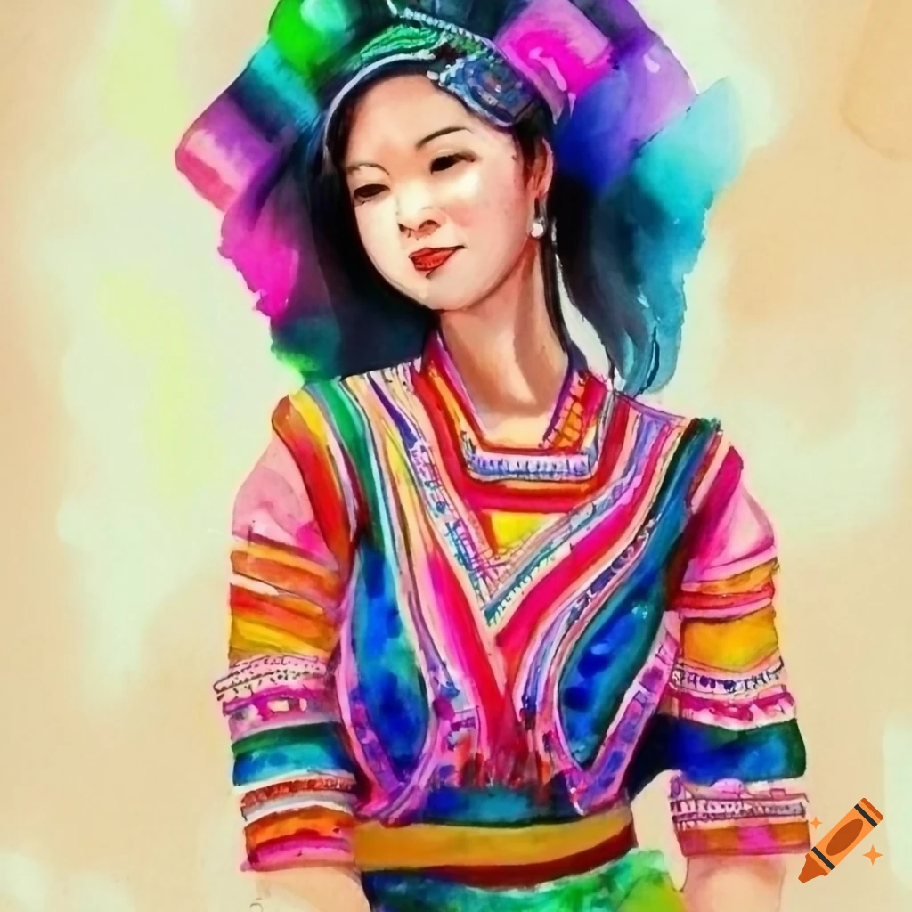 Handmade drawing of a beautiful Hmong Chinese outfit in green ...