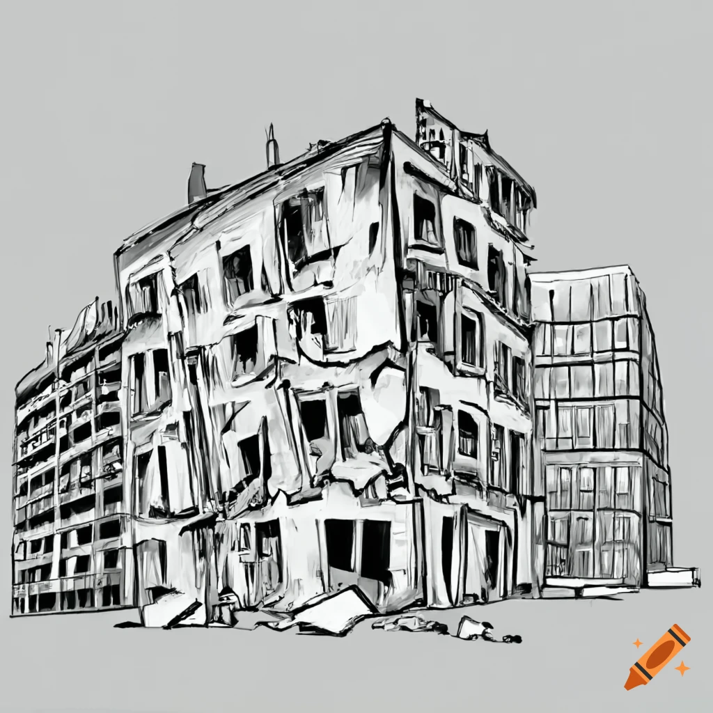 Wrecked city with damaged houses and buildings in a close low-angle ...