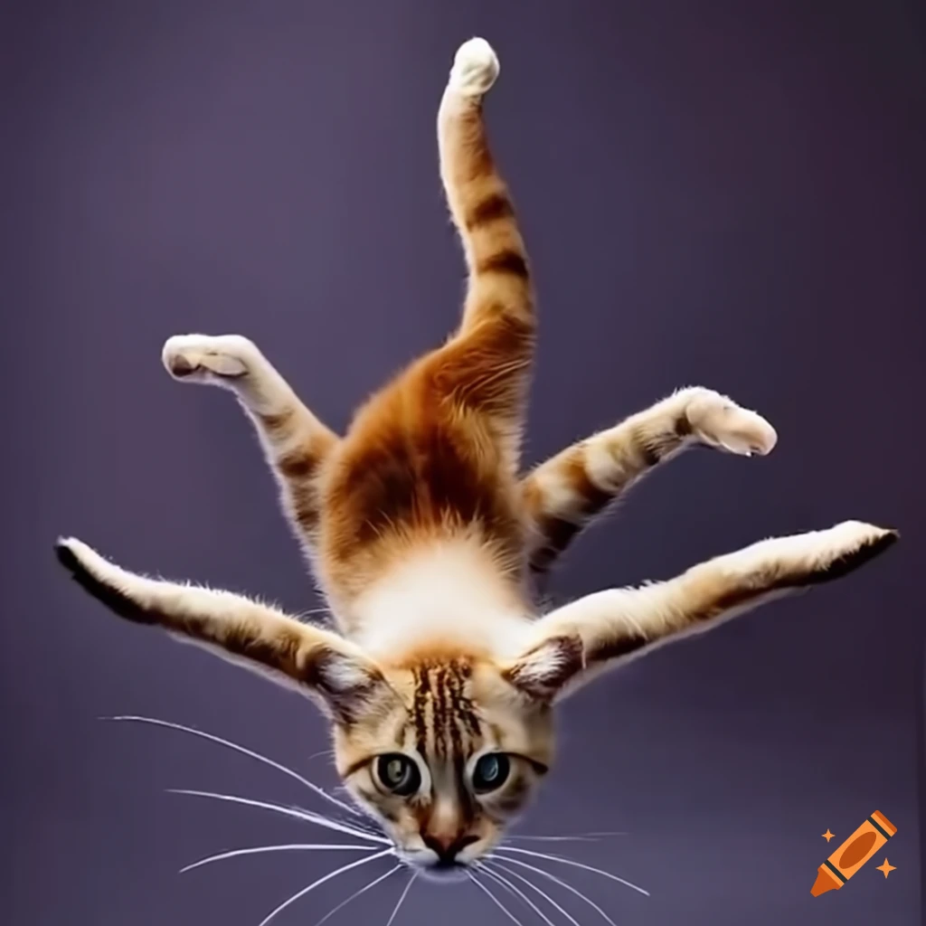 Playful cat performing acrobatics in a dance studio on Craiyon