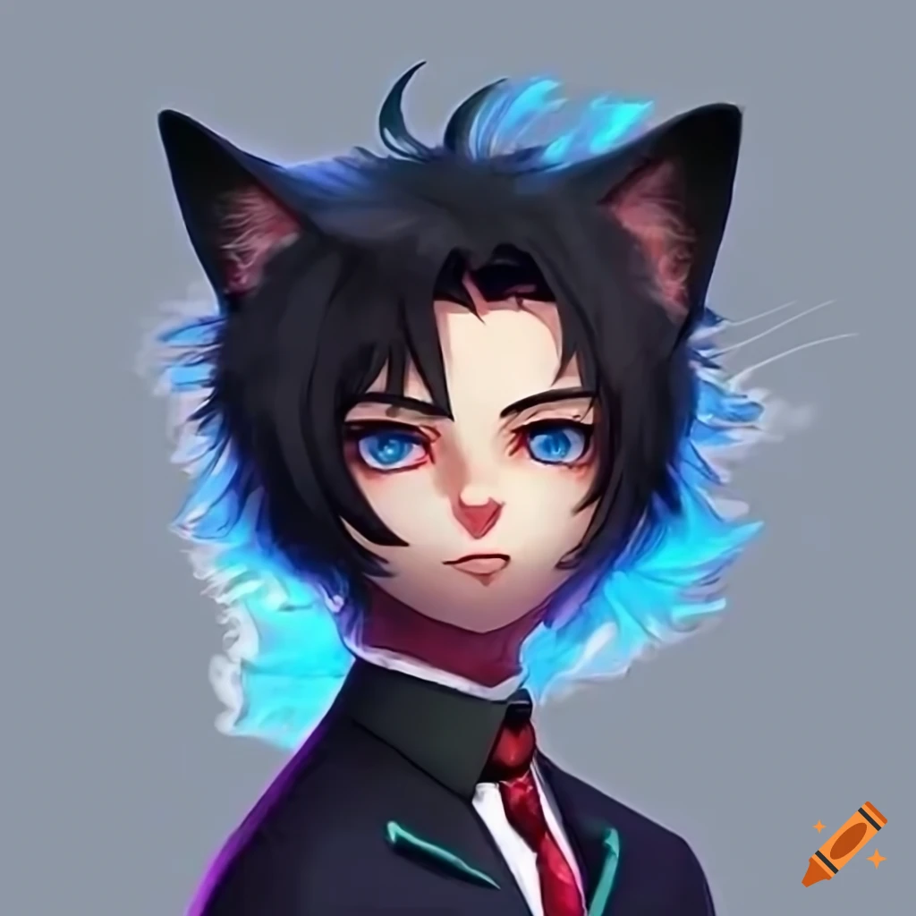 Humorous catboy character with blue eyes and unique black fur design on ...