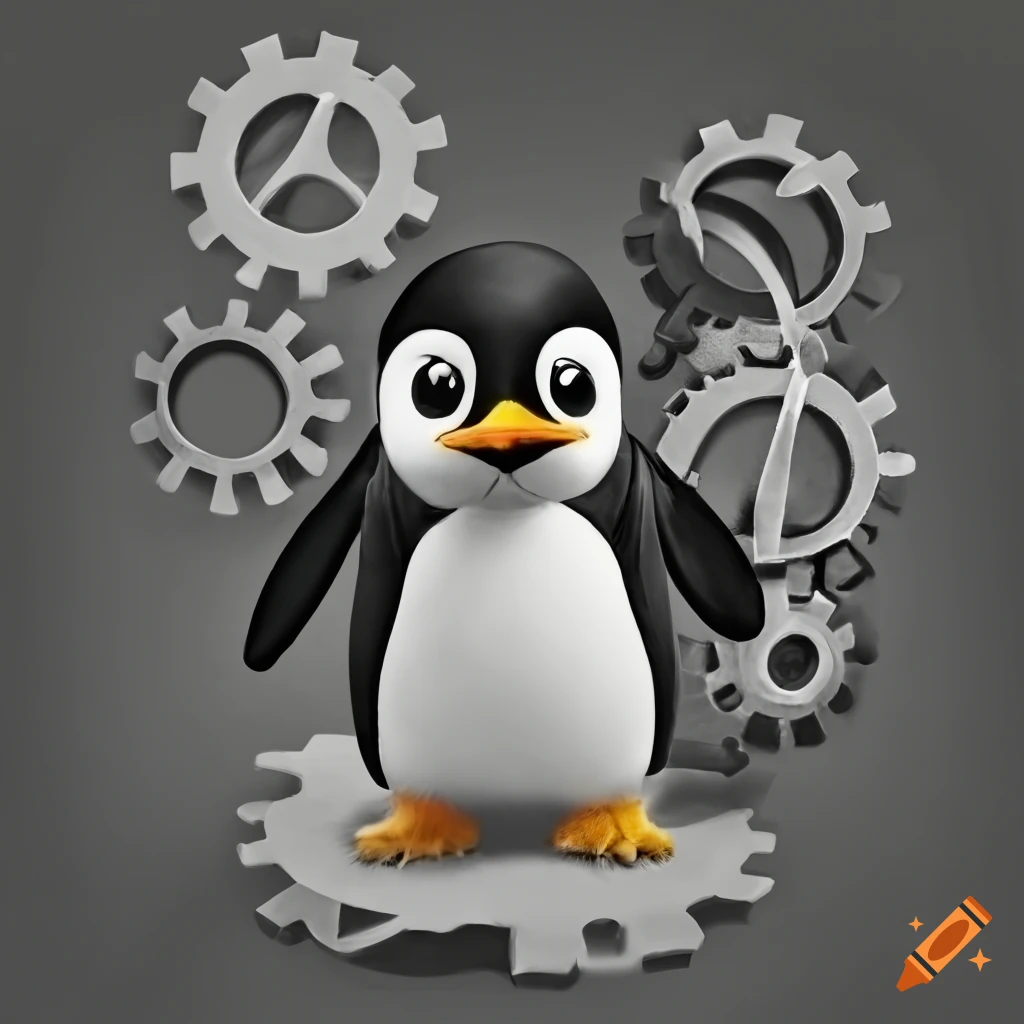 Cute tuxedo penguin pup dressed as a mechanic among gears on Craiyon