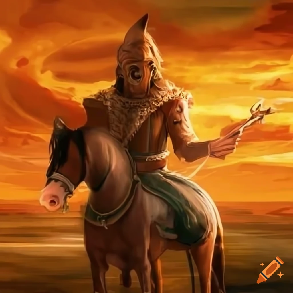 Ancient explorer riding a horse in a labyrinth on Craiyon