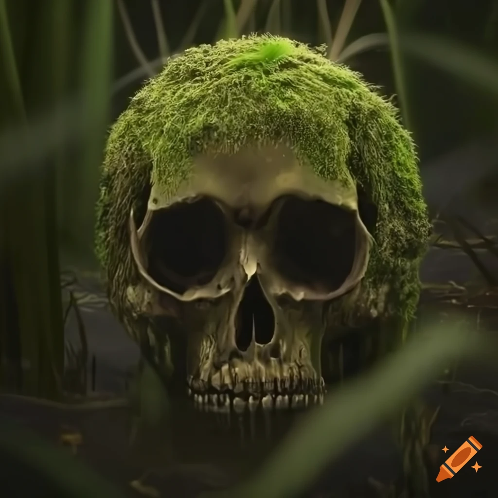 Mossy old skull in a swamp with mushrooms and tall grass under a foggy ...