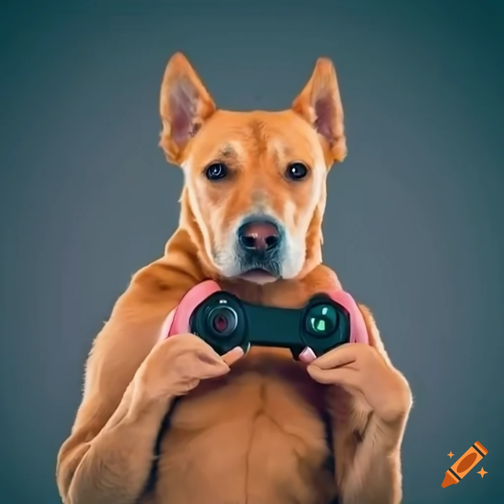 Orange dog with a controller and headphones, looking at the camera on ...