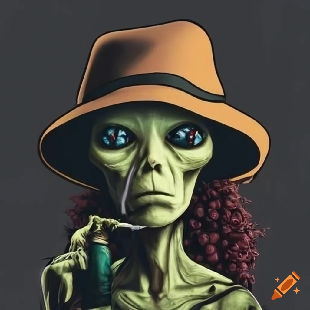 Alien with ragged look wearing fedora hat and smoking weed on Craiyon