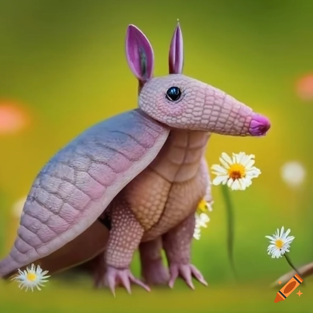 Realistic cute armadillo surrounded by flowers in a meadow on Craiyon