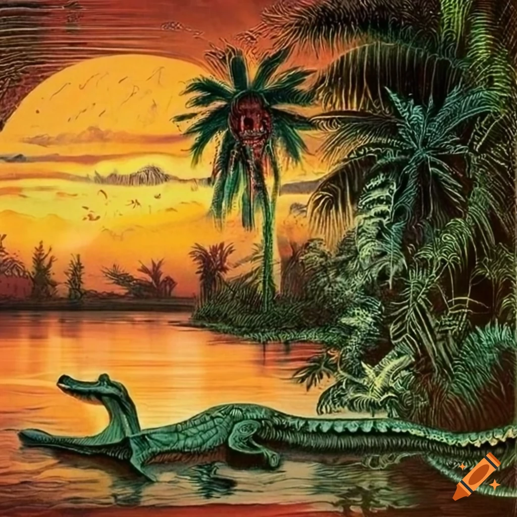 Bizarre jungle landscape painting with palm trees, flowers, and ...