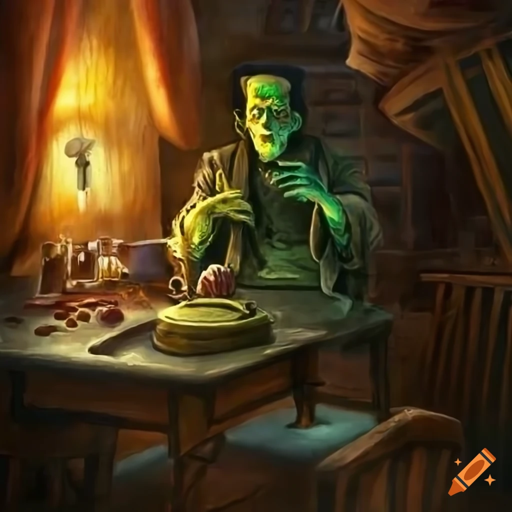 Detailed painting of Dr. Frankenstein's laboratory with scientific ...