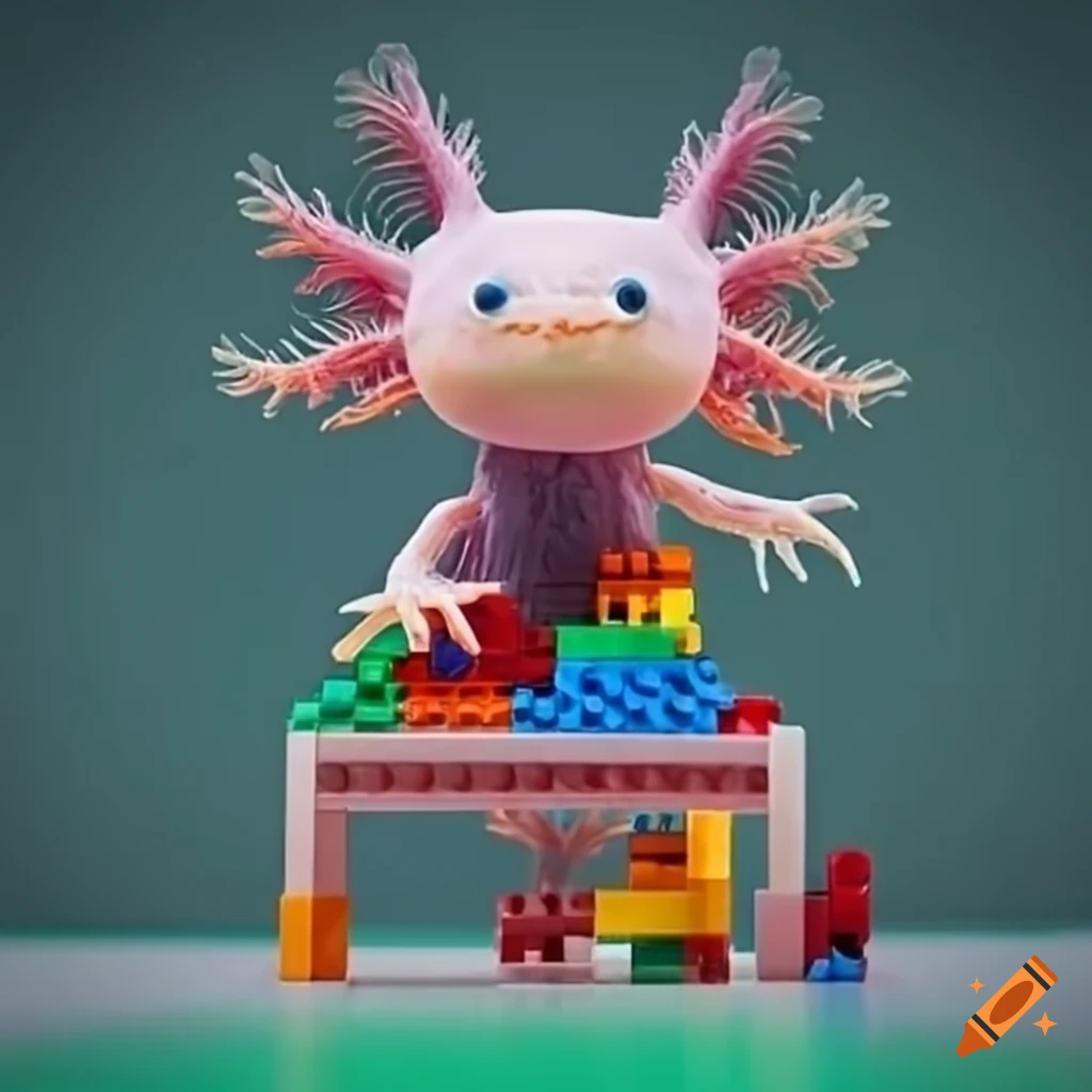 Axolotls playing with legos around a table on Craiyon