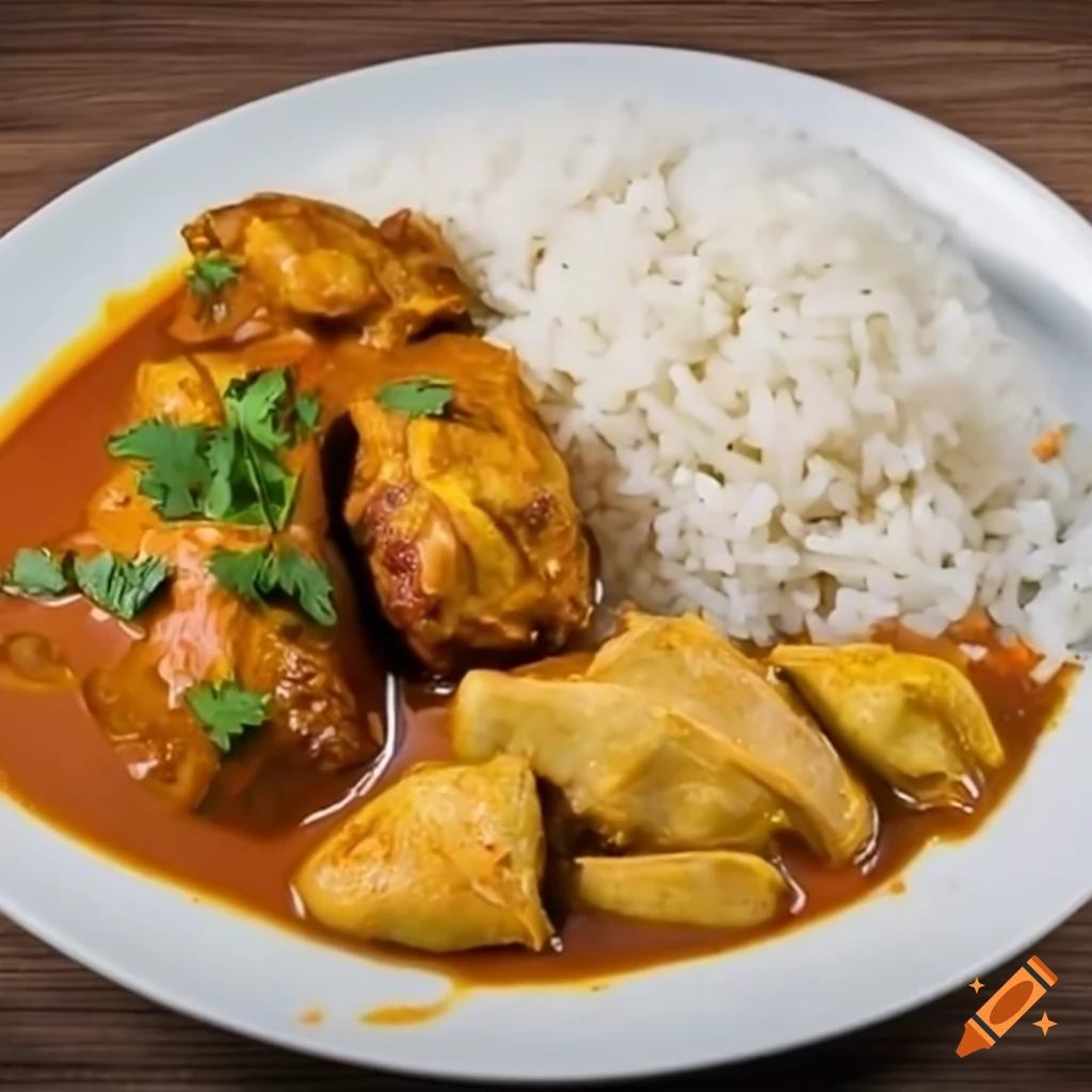 Curry chicken and rice dish on a plate on Craiyon
