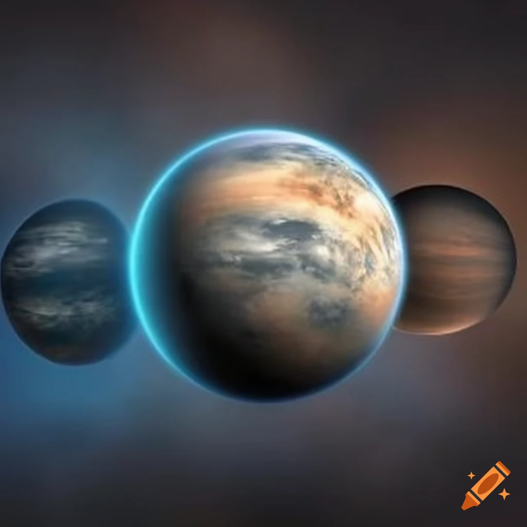 Barren planets orbiting a lush planet in space on Craiyon