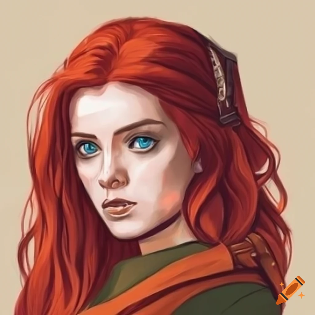 Medieval female ranger with red hair and blue eyes on Craiyon