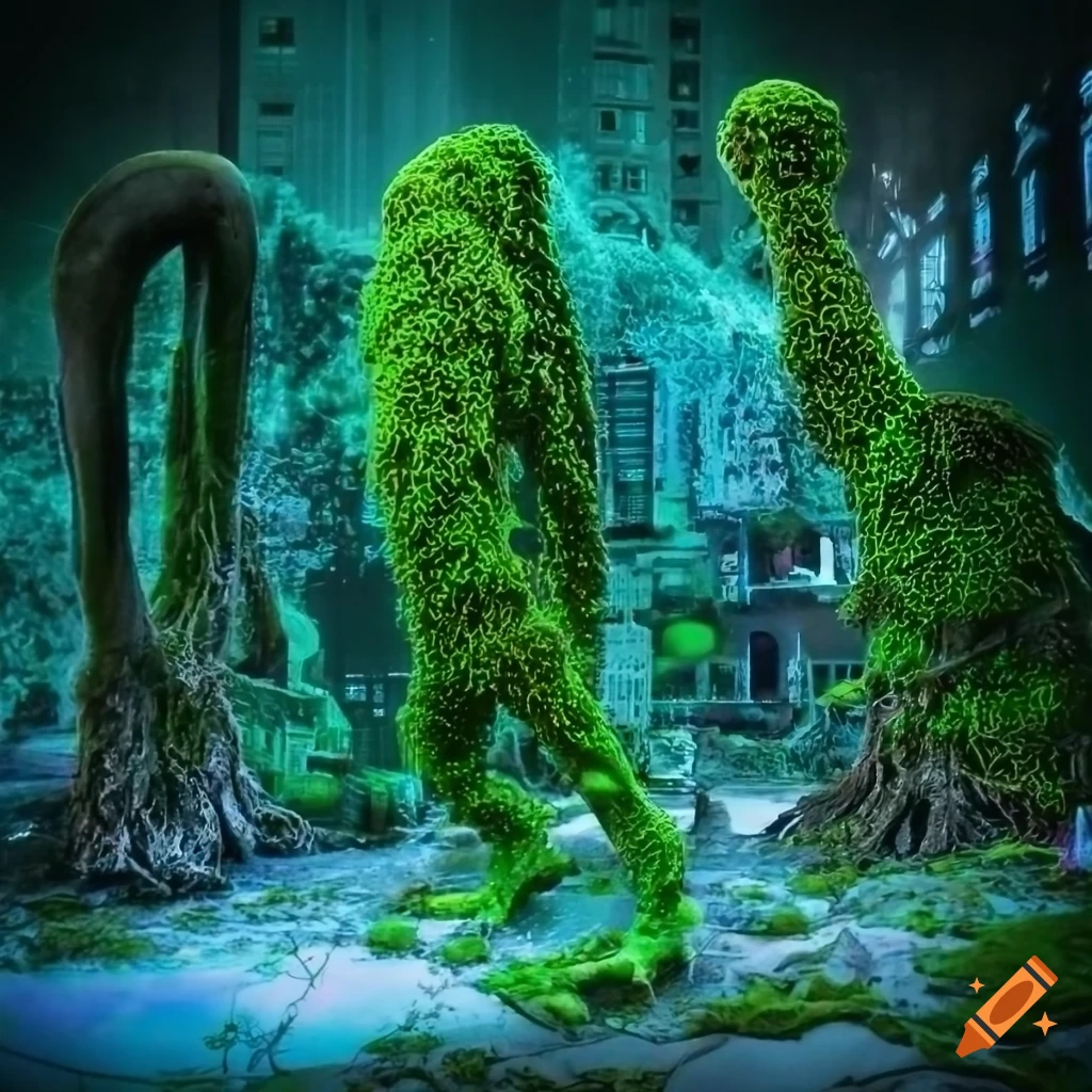 Glowing biopunk cityscape with green moss, plants, mushrooms, and ...
