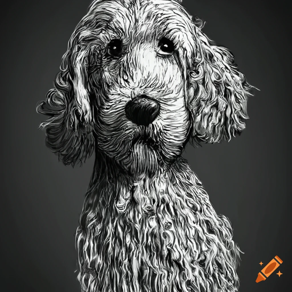 Unique golden doodle sketch in monochrome pencil on Craiyon