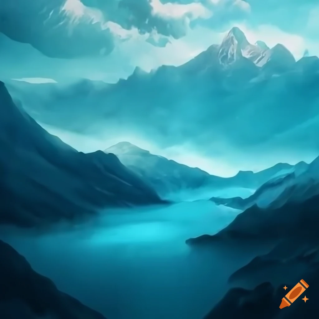 Intense hyper-realistic high resolution aquamarine mountain scenery on ...
