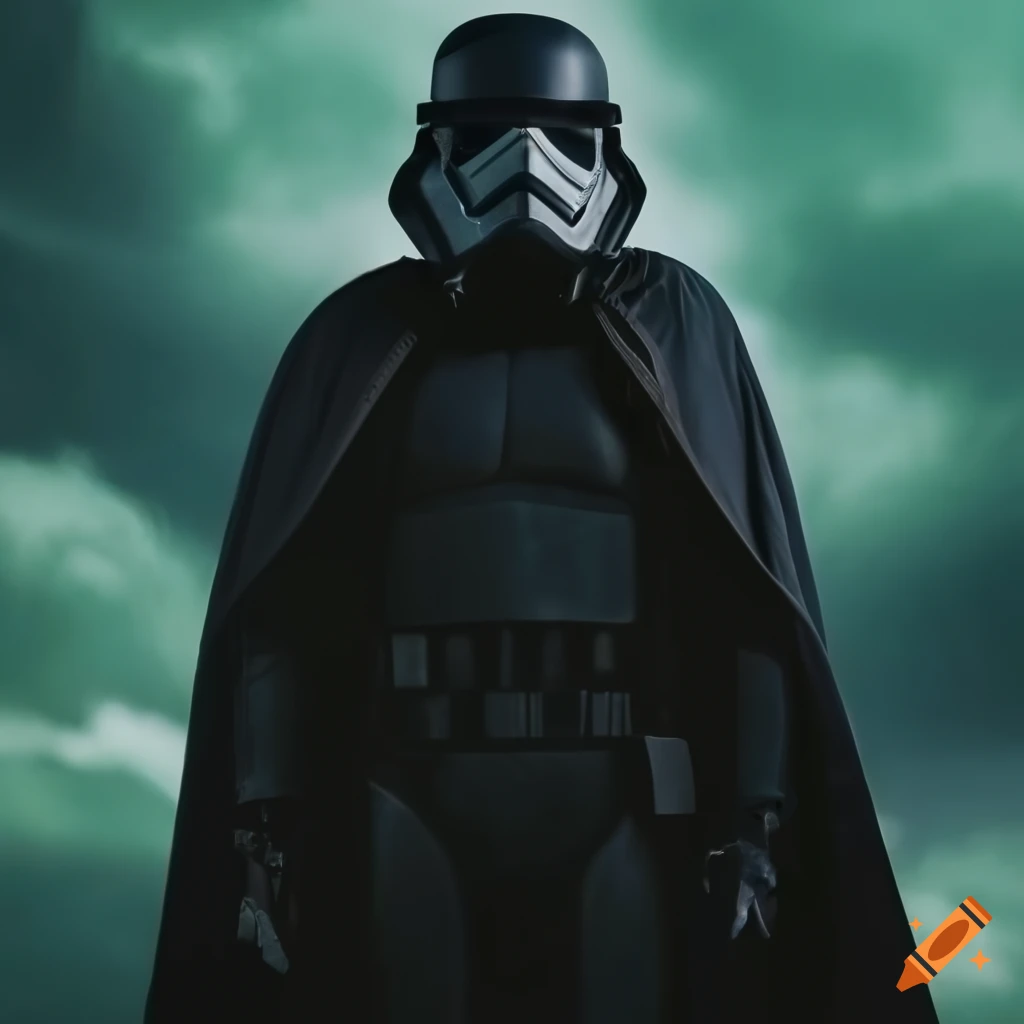 Stormtrooper with black cloak against a dramatic sky and rocky terrain ...