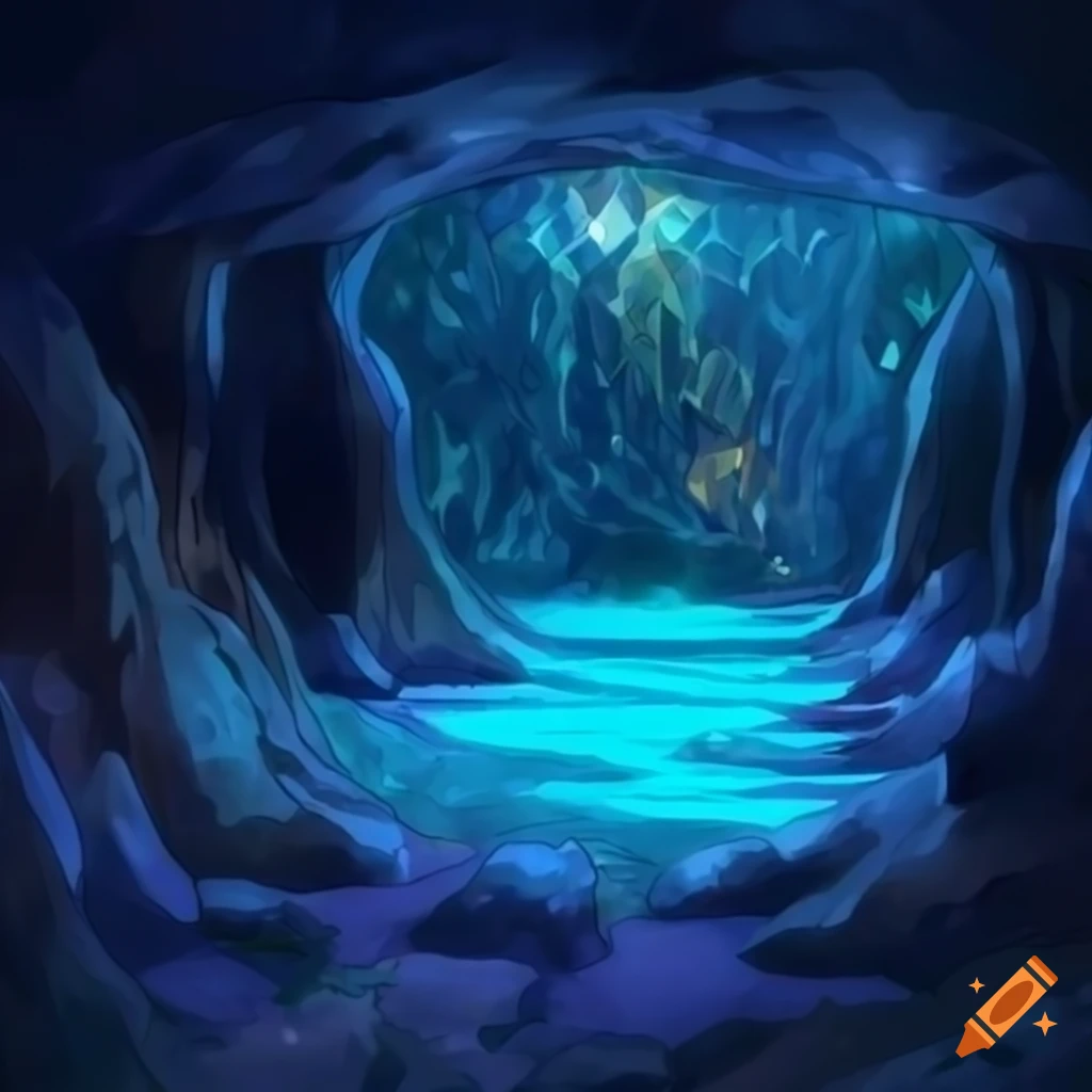 Cave with multicolor gems and water in an anime art style on Craiyon