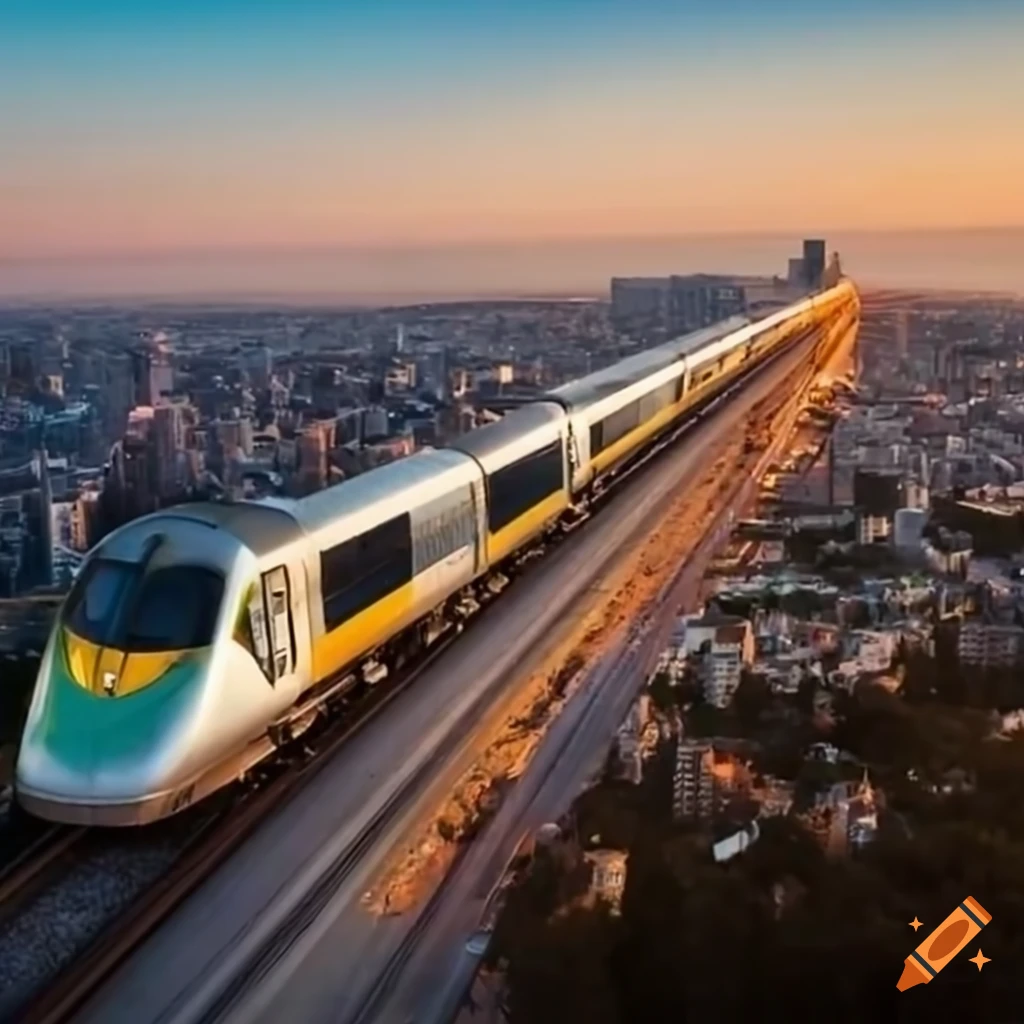 Brightline train hopping between cities from an aerial view on Craiyon