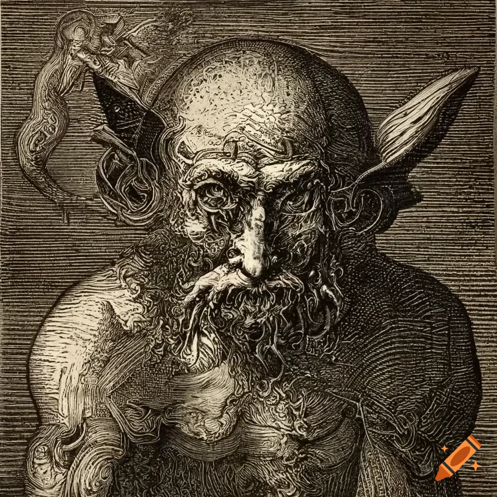 Intricate baroque engravings of the devil as shadow of humans in an ...