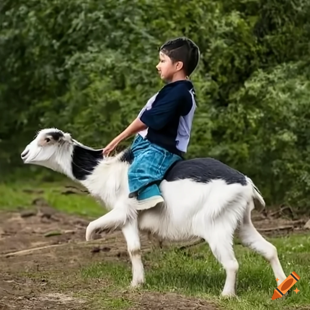 Boy with black hair riding a white goat on Craiyon