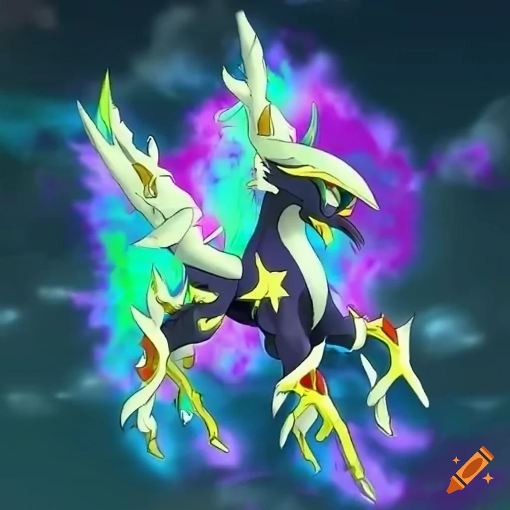 Mega arceus fusion with rainbow colors and thunder effects on Craiyon