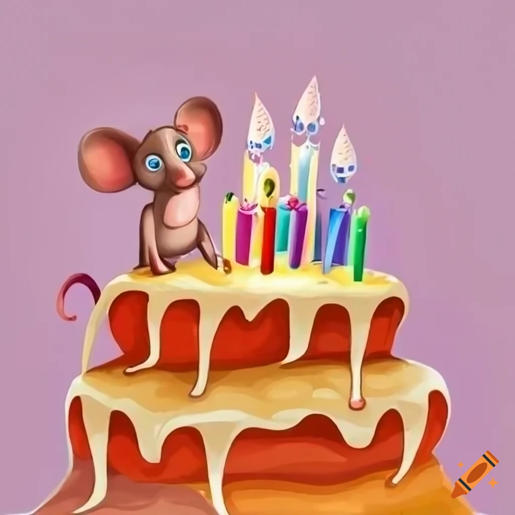 Colorful illustration of mice eating a birthday cake on Craiyon