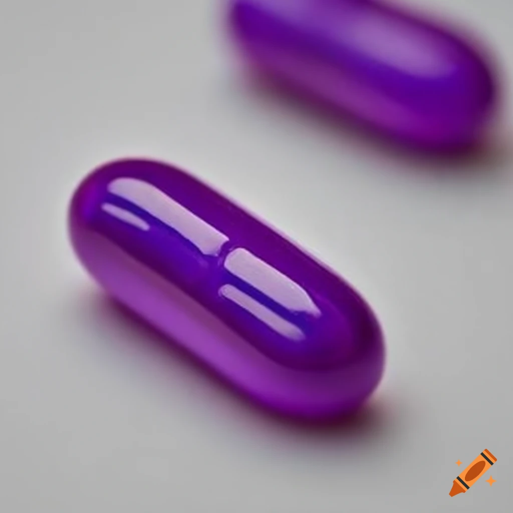 Vivid purple pill on white surface on Craiyon