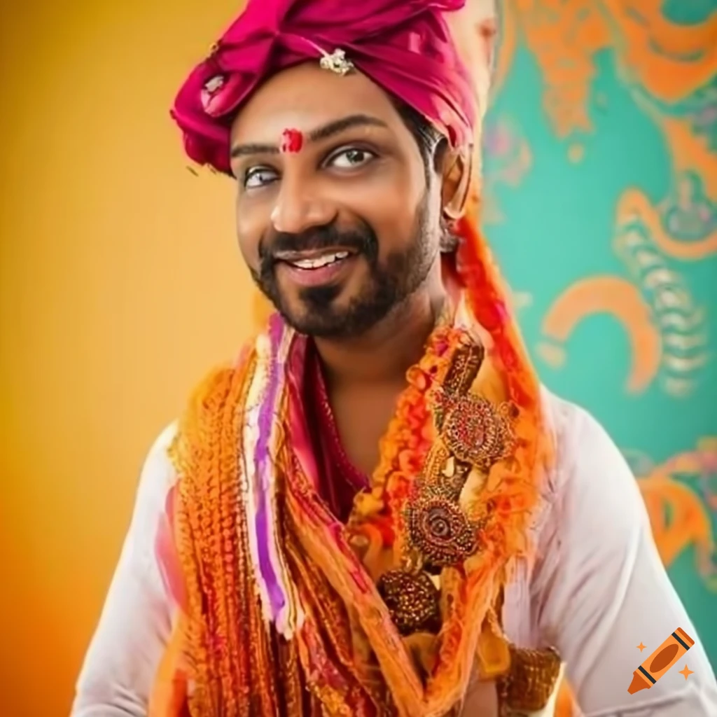 Elegant man in traditional Indian attire with long hair and tilak ...