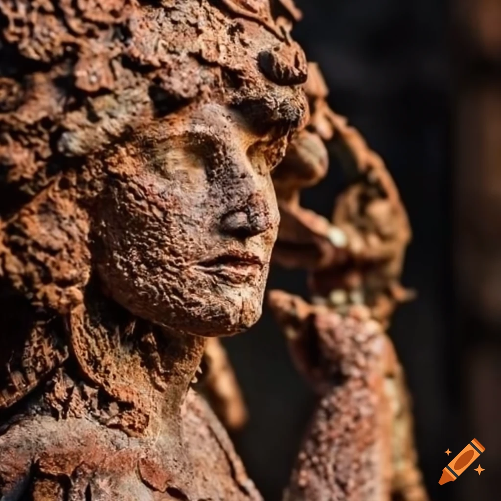 Ancient european warrior woman statue made of rusty iron on Craiyon