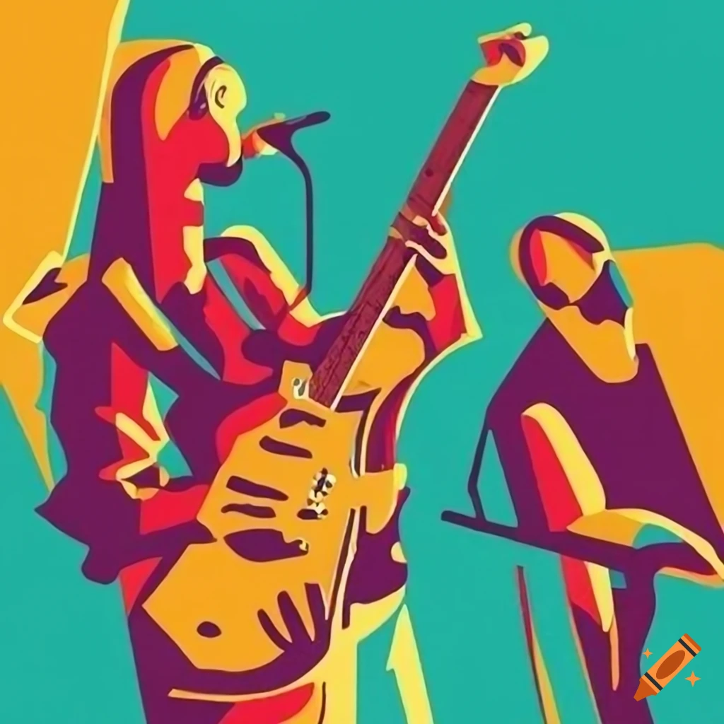 Chicken band playing rock music in abstract cubic art 70s poster on Craiyon