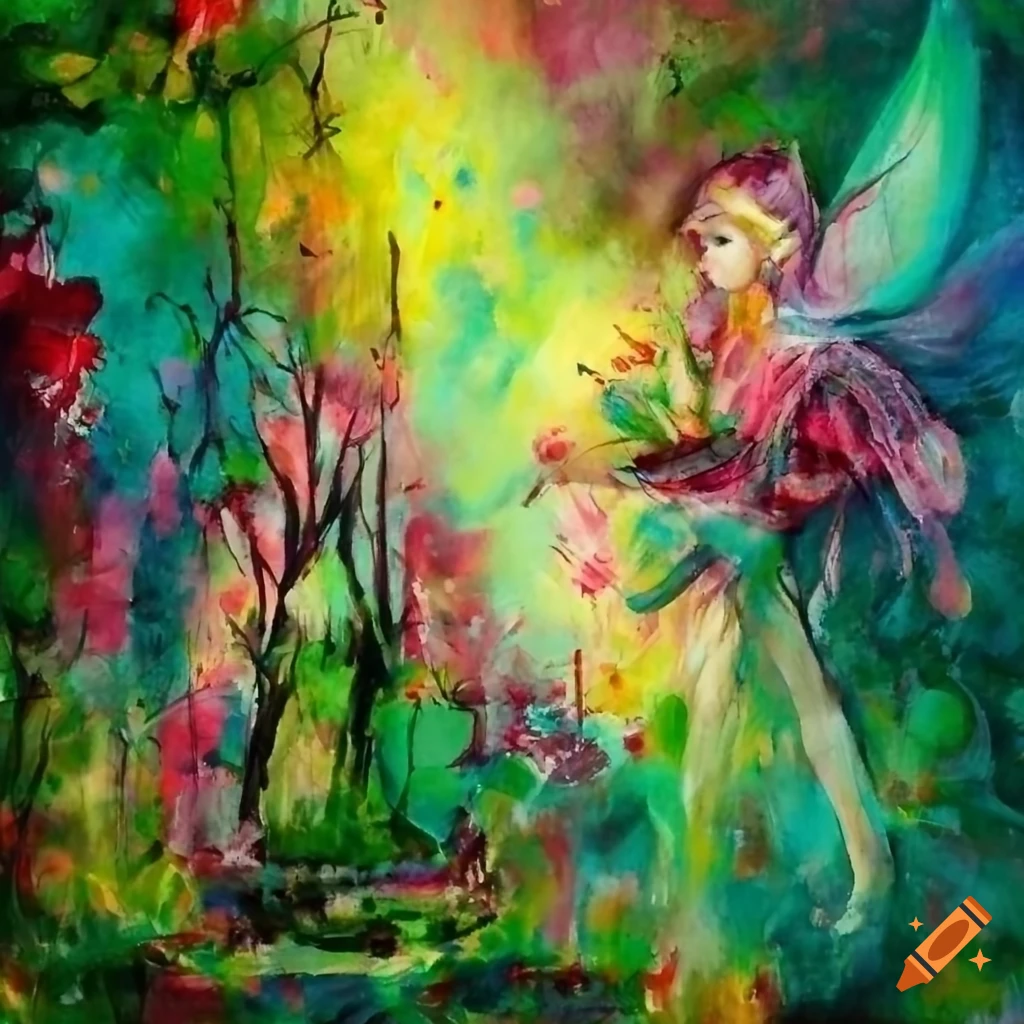 Abstract painting of enchanting fairies in a watercolor garden on Craiyon