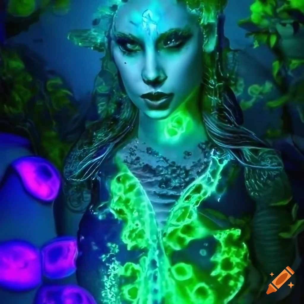 Glowing biopunk cityscape with plants, mushrooms, crystals, and cyborg ...