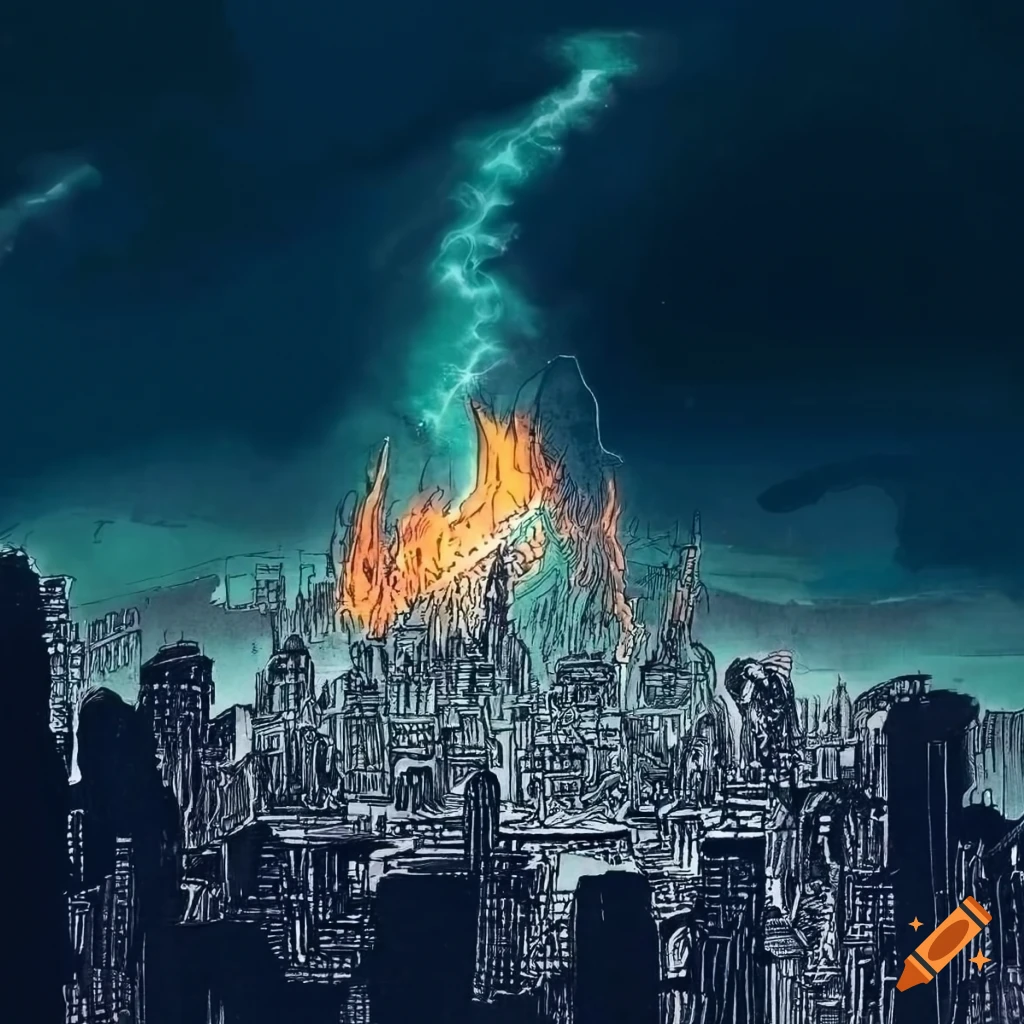 City destruction with a fierce fire storm in intricate ink drawing on ...