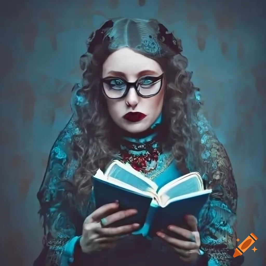 Woman reading in gothic victorian style with blue tones on Craiyon
