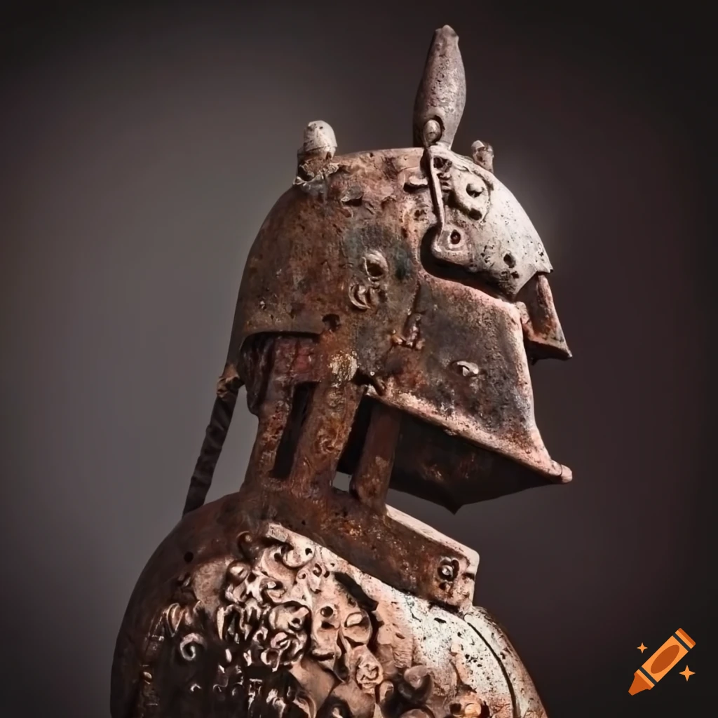 Ancient warrior statue made of rusty iron and scrap metal on Craiyon