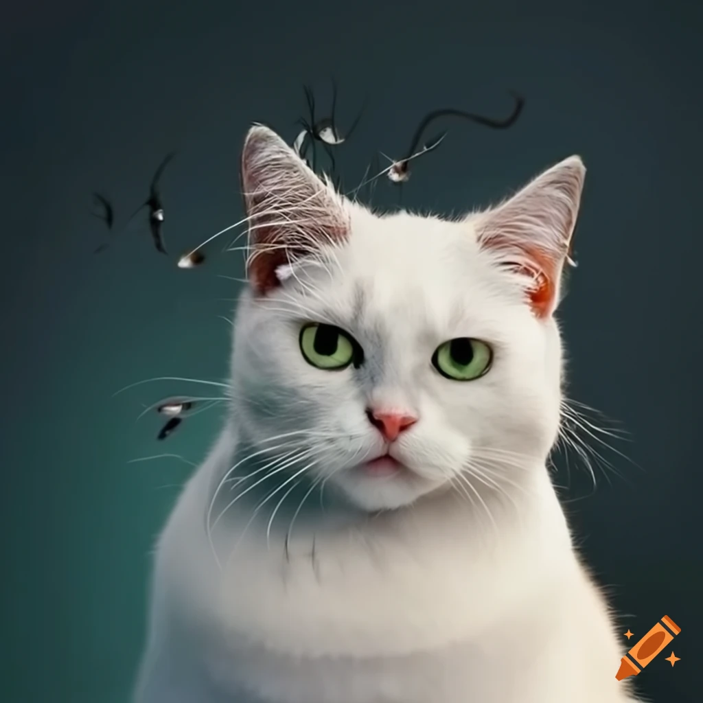 Enigmatic white cat with mosquitoes around on Craiyon