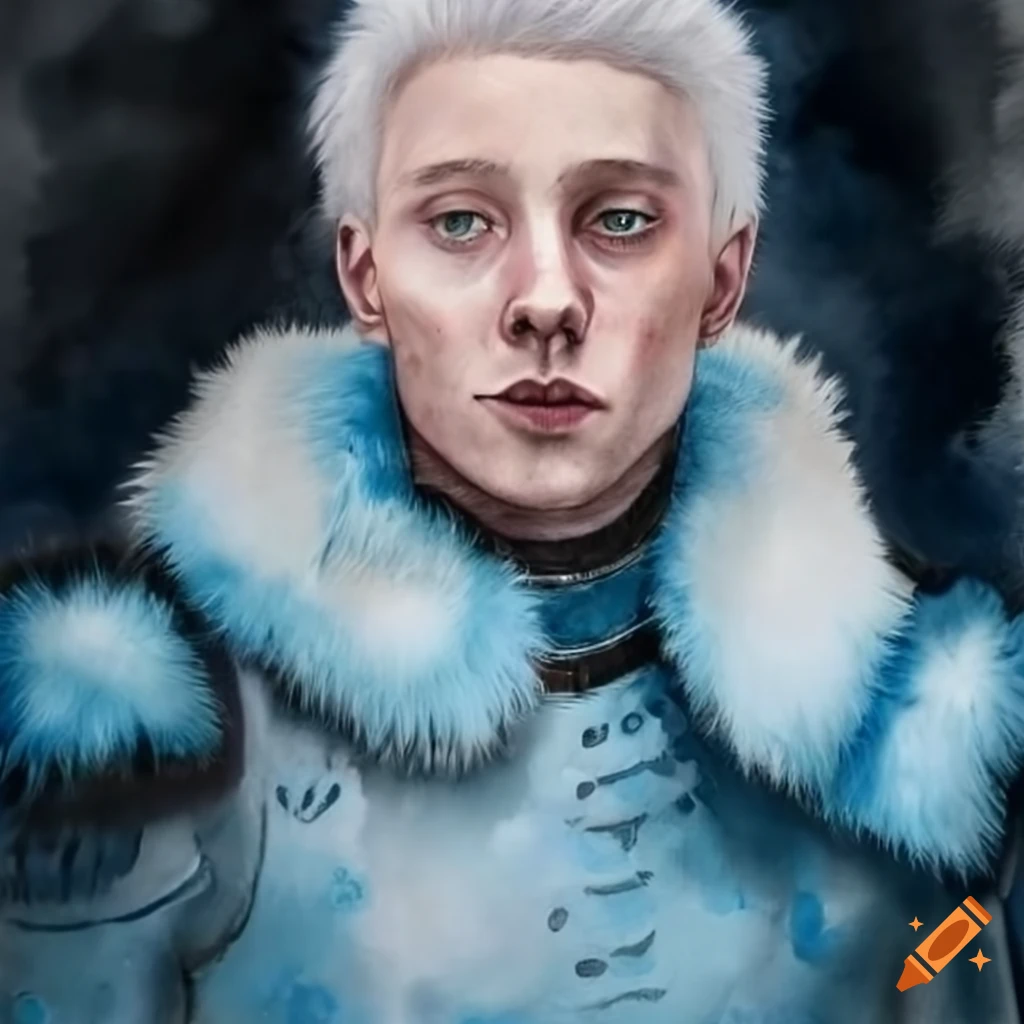 Platinum Blonde Haired Man In Light Blue Fur Armor On Craiyon