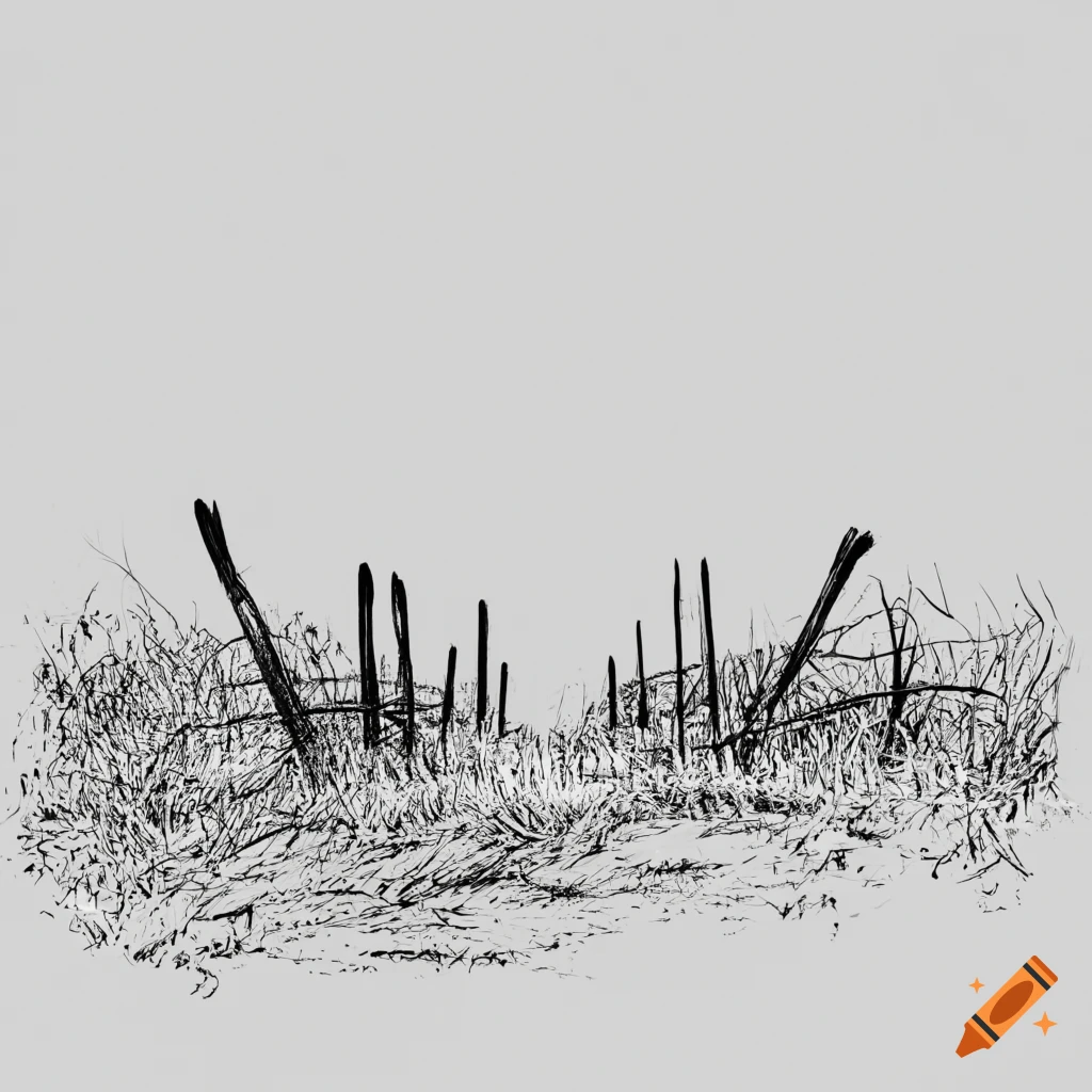 Minimalistic black and white drawing of an empty field with a fence on ...