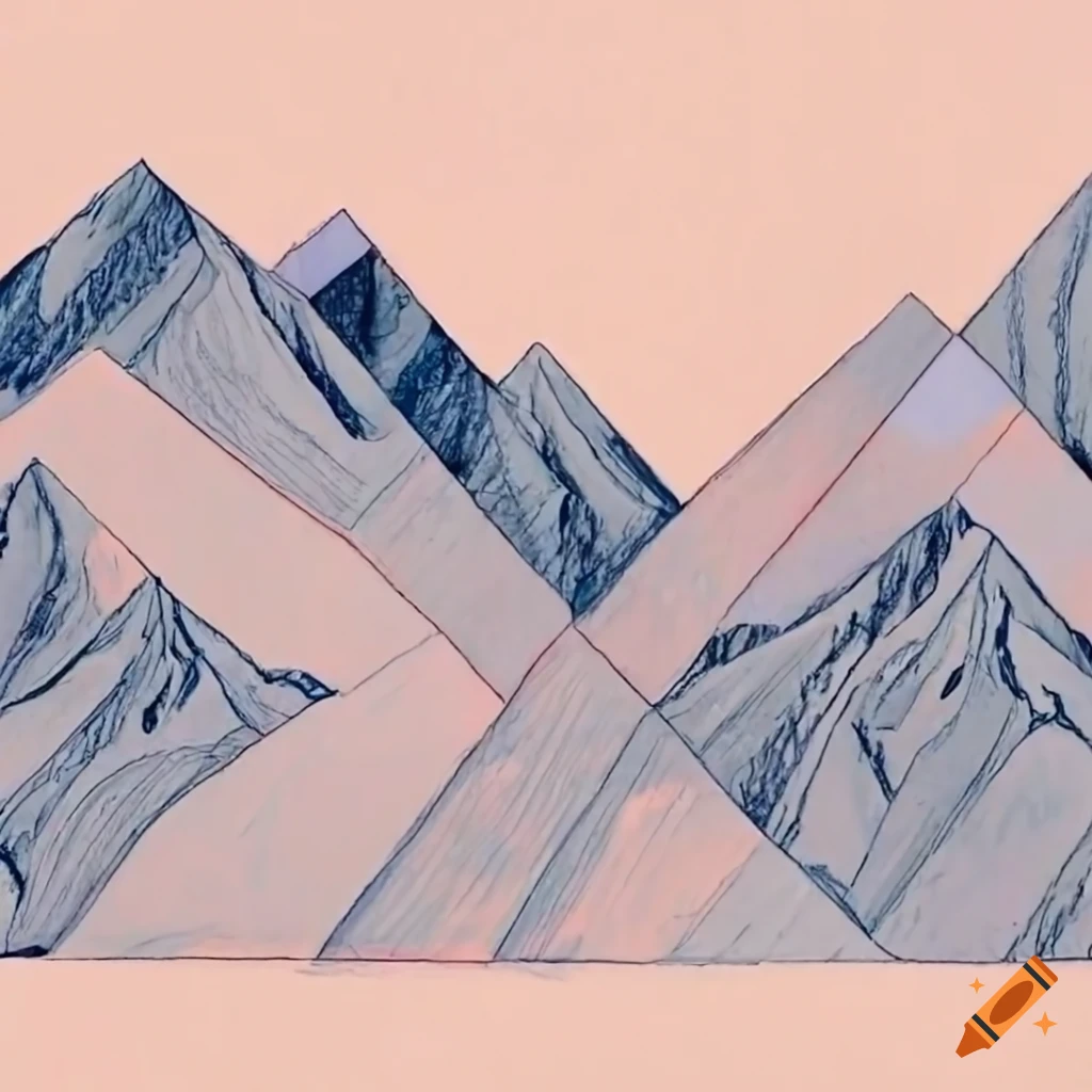 Pen and ink drawing of craggy mountains with snow-capped peaks and ...