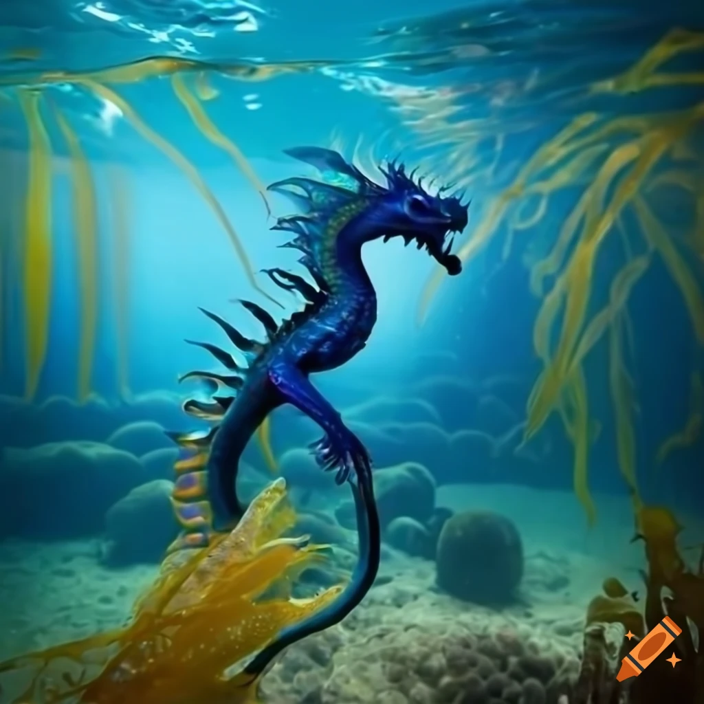 Aquatic dragon in a crystal clear underwater scene among kelp on Craiyon