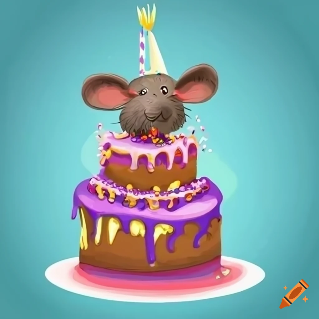 Colorful illustration of mice enjoying a birthday cake on Craiyon