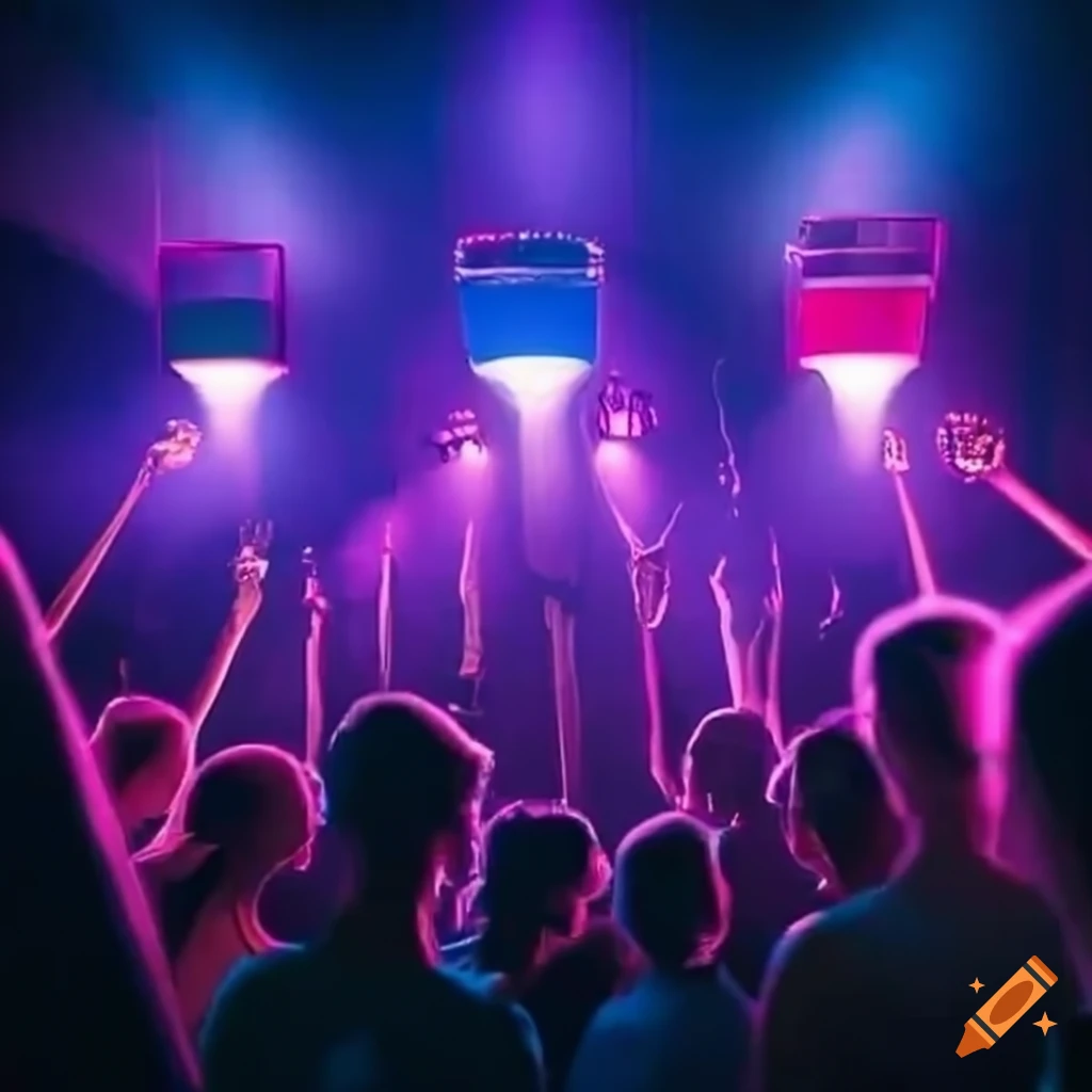Bright lights and energetic crowd at a nostalgic 90's Hard-House music ...