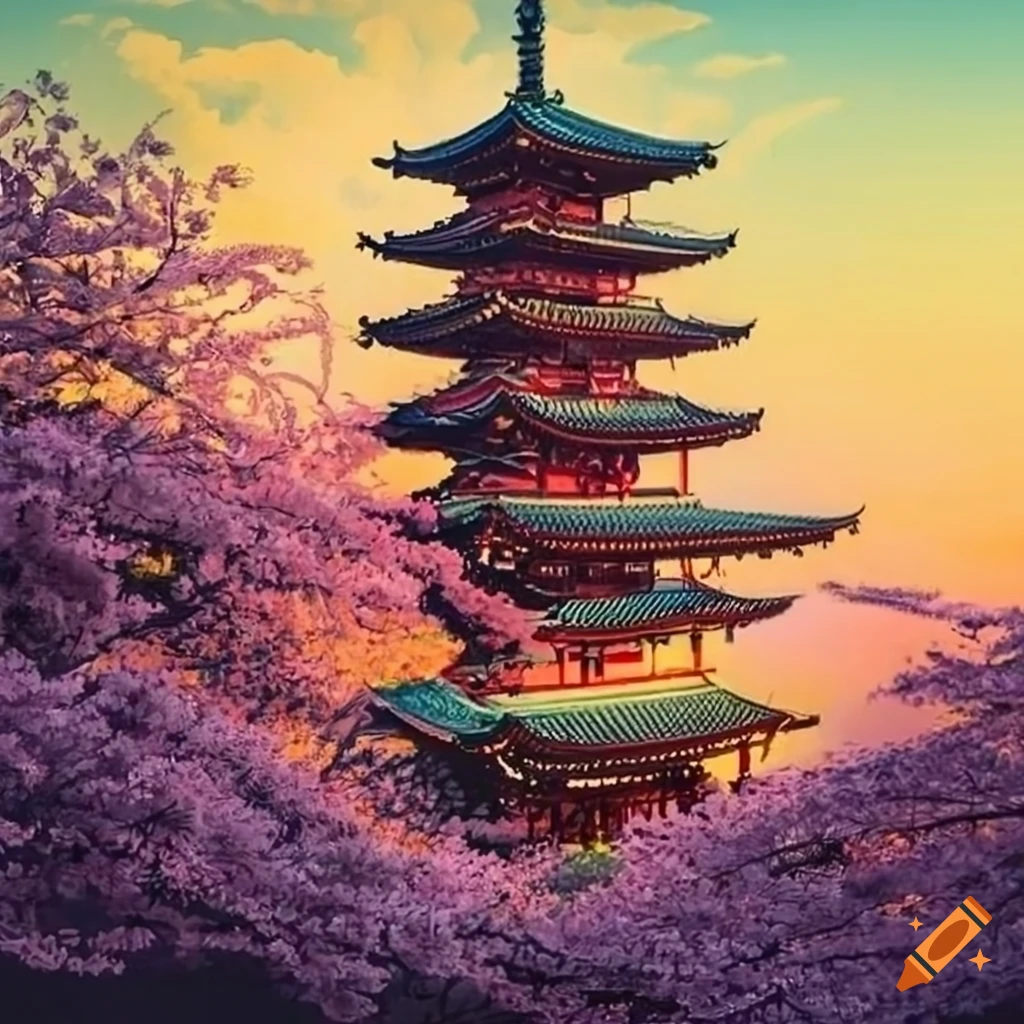 Tranquil Japanese scene with cherry blossoms, temples, and pagodas on ...