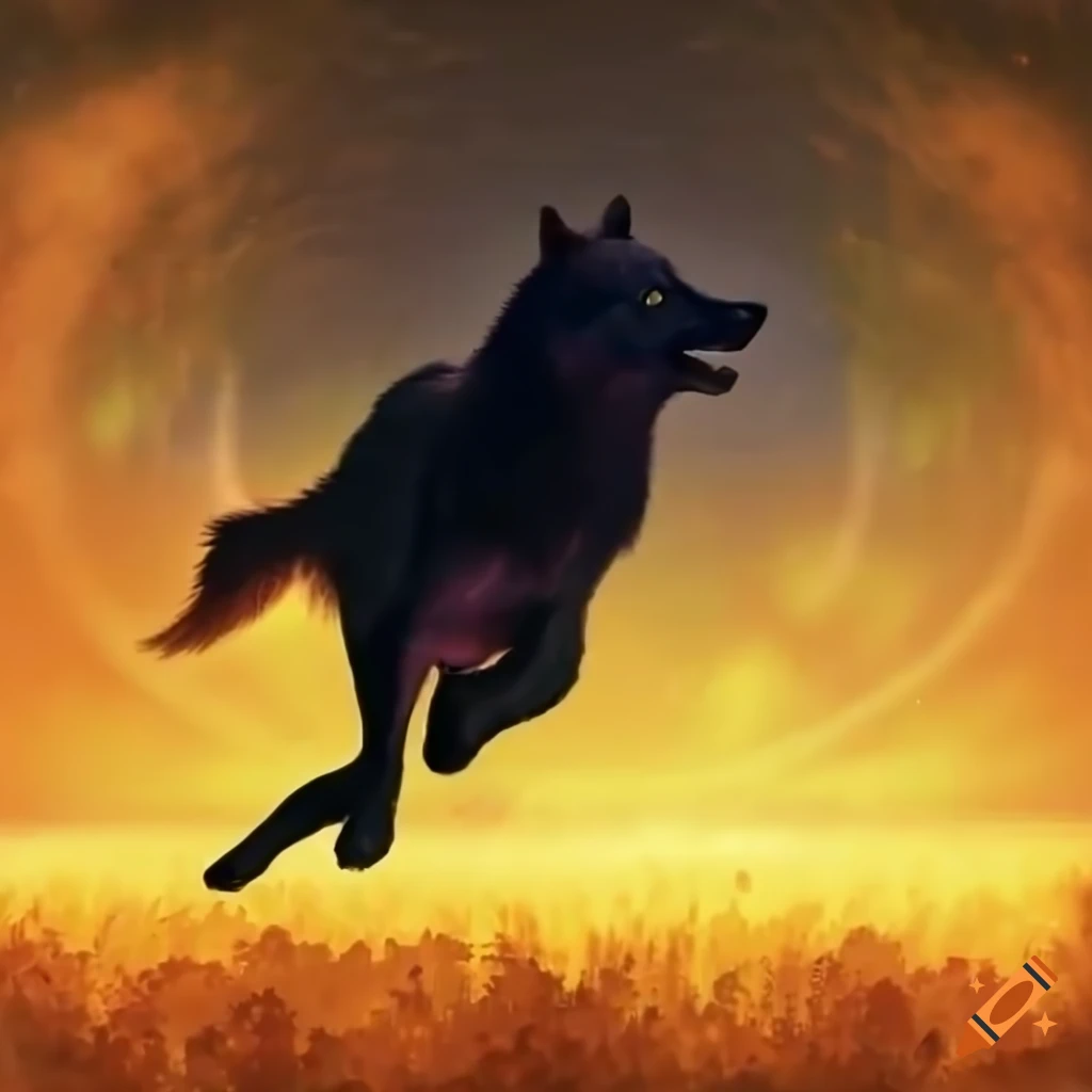 Black wolf running in a golden field with a rising phoenix in the sky ...