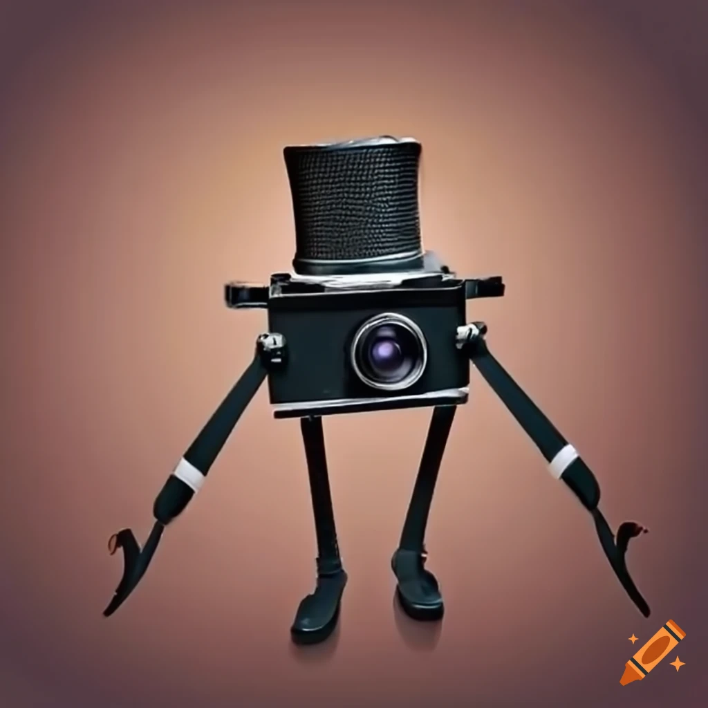 Retro camera with legs wearing a top hat on Craiyon